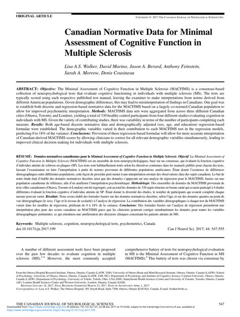 Pdf Canadian Normative Data For Minimal Assessment Of Cognitive Function In Multiple Sclerosis