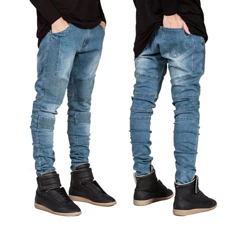 Hi Street Mens Biker Jeans Motorcycle Slim Fit Washed Men Runway Slim Racer Biker Jeans Strech