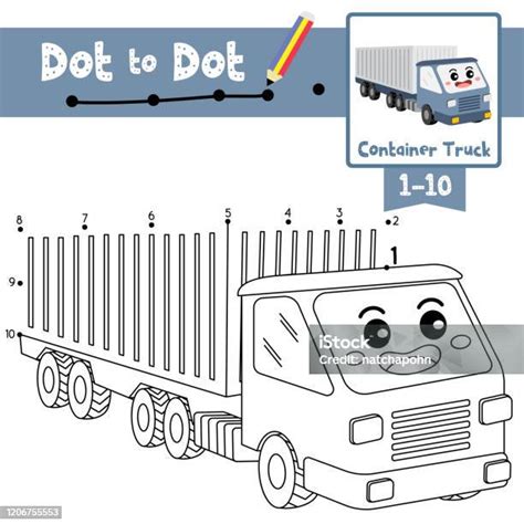 도트 교육 게임 및 색칠 공부 컨테이너 트럭 만화 캐릭터 관점 벡터 일러스트 점 연결하기에 대한 스톡 벡터 아트 및 기타 이미지