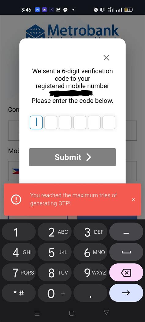 metrobank maximum tries of generating otp how many hours or i can