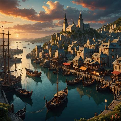 Dragon View Of A Fantasy Harbour Full Of Boats Beautiful Landscape