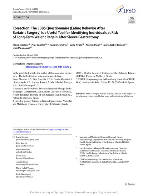 Correction The Ebbs Questionnaire Eating Behavior After Bariatric Surgery Is A Useful Tool