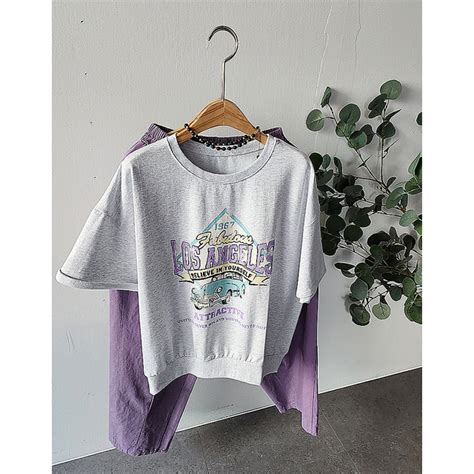 무배 La 빈티지 프린팅 쭈리 반팔 맨투맨 [3color 라이트그레이 크림 네이비] 에이블리