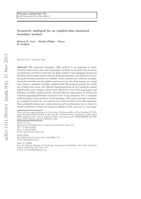 PDF Geometric Multigrid For An Implicit Time Immersed Boundary Method