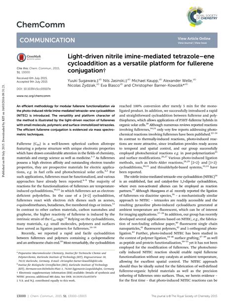 Pdf Cheminform Abstract Light Driven Nitrile Imine Mediated Tetrazole Ene Cycloaddition As A