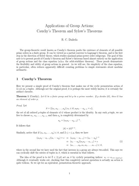 Cauchys Theorem And Sylows Theorems Via Group Actions Pdf Group