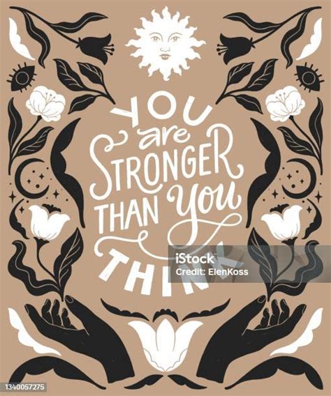 당신은 당신이 생각하는 것보다 강하다 영감 손 서면 문자 인용 트렌디 한 리노 컷 스타일 장식 꽃 장식 요소 천체 스타일 포스터 평등 페미니스트 여성 문구 여자에 대한 스톡