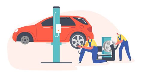 정비사 차고에서 자동차 타이어의 작업자 변경 및 측정 압력 남성 캐릭터 는 균일 한 마운트 타이어를 착용 교통사고 충돌 사고에