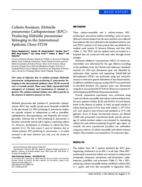 Pdf Colistin Resistant Klebsiella Pneumoniae Carbapenemase Kpc