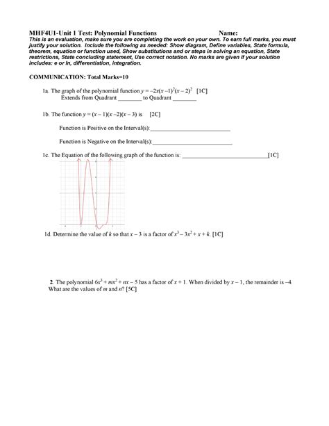 Unit 1 Test Polynomial Functions Mhf4u1 Unit 1 Test Polynomial