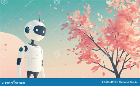Friendly Robot Stands Beside A Pink Leaf Tree Stock Illustration Illustration Of Stands