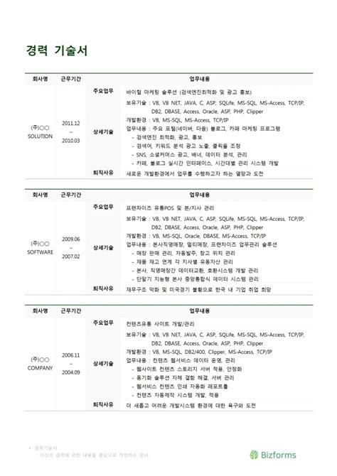 경력기술서 It 비즈폼 샘플 양식 다운로드