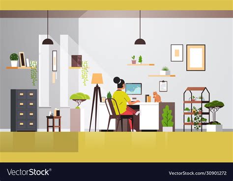 Woman Freelancer Using Computer Monitor Working Vector Image