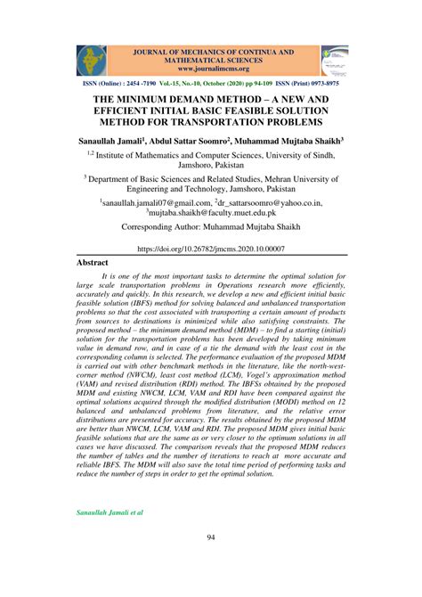 Pdf The Minimum Demand Method A New And Efficient Initial Basic Feasible Solution Method For