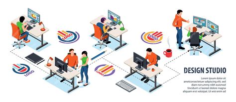 디자인 스튜디오 아이소메트릭 인포그래픽 3d 벡터 일러스트레이션에서 일하는 디자이너와 일러스트레이터 무료 벡터