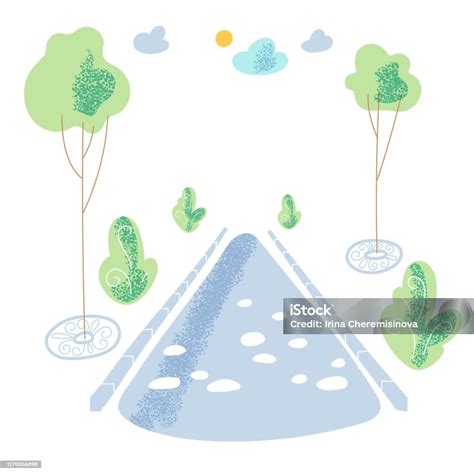 도시 공원에서 도로의 그리기 나무 하늘 잔디 벡터 일러스트와 거리의 도시 장면 야외 풍경 자연 배경 녹색 여름 풍경 경로 방법의