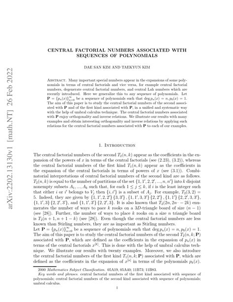 Pdf Central Factorial Numbers Associated With Sequences Of Polynomials