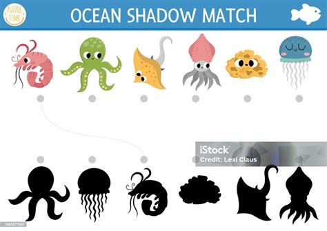 바다 그림자 일치 활동 귀여운 문어 오징어 해파리 가오리 물고기 스폰지가 있는 바다 퍼즐 올바른 실루엣 인쇄 가능한 워크 시트