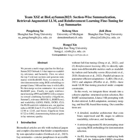 Team Xsz At Biolaysumm2025 Section Wise Summarization Retrieval Augmented Llm And