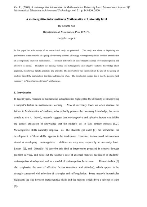 Pdf A Metacognitive Intervention In Mathematics At University Level