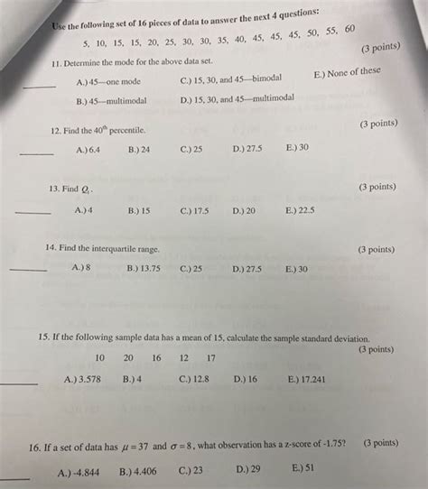 Solved Use The Following Set Of 16 Pieces Of Data To Answer