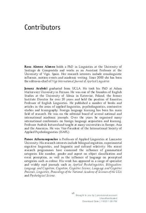 Pdf Crosslinguistic Influence In Second Language Acquisition Post Verbal Subjects In L2 English