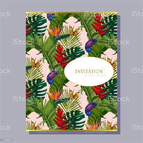 플라밍고와 열대 잎 배경 배너 전단지 초대장 포스터 웹 사이트 또는 인사말 카드에 대한 이국적인 꽃 디자인인사 초대 카드 템플릿 디자인 벡터 일러스트레이션 0명에 대한 스톡