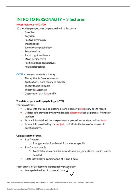 Intro To Personality Intro To Personality 3 Lectures Notes Lecture