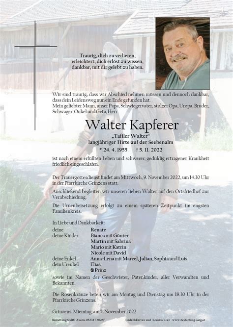 Walter Kapferer Bestattung Stephan Sarg