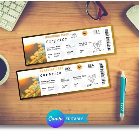 Editable Boarding Pass Template Plane Ticket Template Surprise Vacation Reveal Airline Ticket