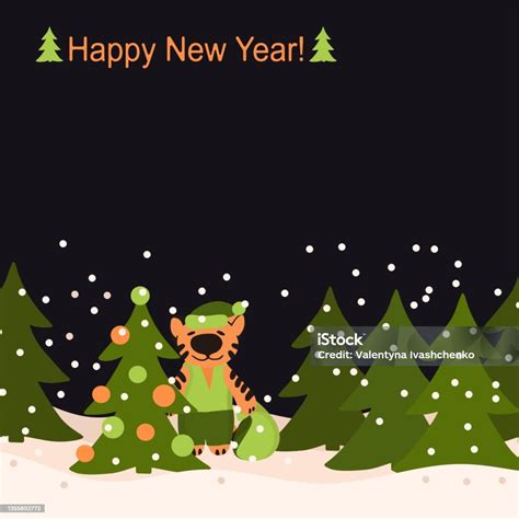 크리스마스 트리와 선물 가방과 즐거운 귀여운 호랑이겨울 숲 풍경 어두운 배경에 벡터 배너 그림입니다 0명에 대한 스톡 벡터 아트 및 기타 이미지 Istock