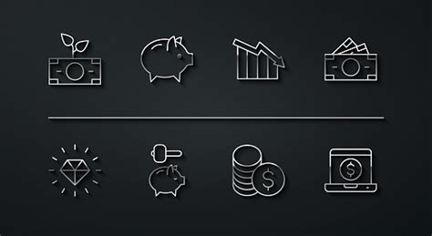 냄비에 라인 돈 공장을 설정 다이아몬드 종이 돈 현금을 스택 달러와 동전 돼지 저금통과 망치 노트북과 금융 성장 감소 아이콘 벡터 0명에 대한 스톡 벡터 아트 및 기타