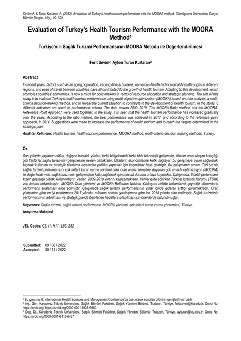 Pdf Evaluation Of Turkeys Health Tourism Performance With The Moora Method