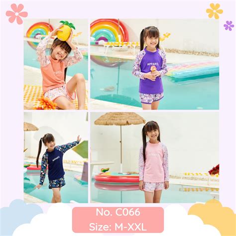 ชุดว่ายน้ำเด็กผู้หญิงแบบ 2 ชิ้น เสื้อแขนยาวกันยูวี สำหรับเด็กๆ ใส่คู่กับ กางเกงขาสั้น รุ่นc066