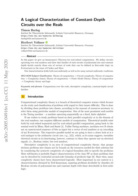 Pdf A Logical Characterization Of Constant Depth Circuits Over The Reals