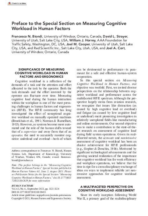 Pdf Preface To The Special Section On Measuring Cognitive Workload In Human Factors David