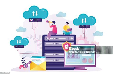 랩톱을 가진 남자는 서버에서 파일과 데이터를 관리합니다 클라우드 서버에서 오류를 찾는 스파이글래스 를 가진 작업자 클라우드