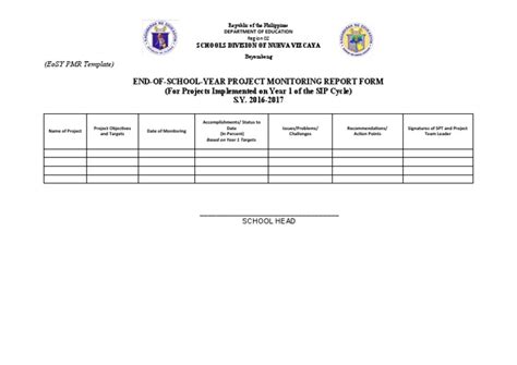 End Of School Year Project Monitoring Report Form For Projects Implemented On Year 1 Of The Sip