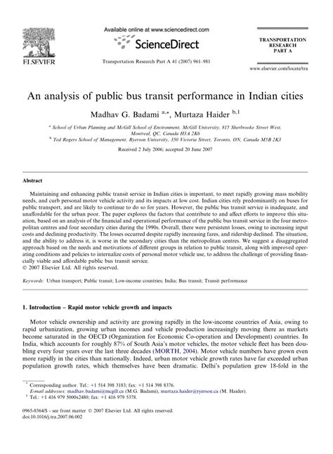 Pdf An Analysis Of Public Bus Transit Performance In Indian Cities
