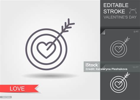 하트와 화살의 형태로 대상 편집 가능한 스트로크가 있는 윤곽선 아이콘 그림자가 있는 사랑의 선형 기호 2월에 대한 스톡 벡터