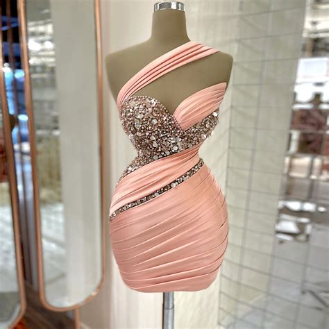 Mini Cocktail Dress Pink Satin One Shoulder Luxury Cocktail Gown For