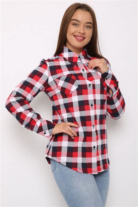 Рубашка женская на пуговицах М-135 кулирка (р-ры: 42-62) красная клетка ...