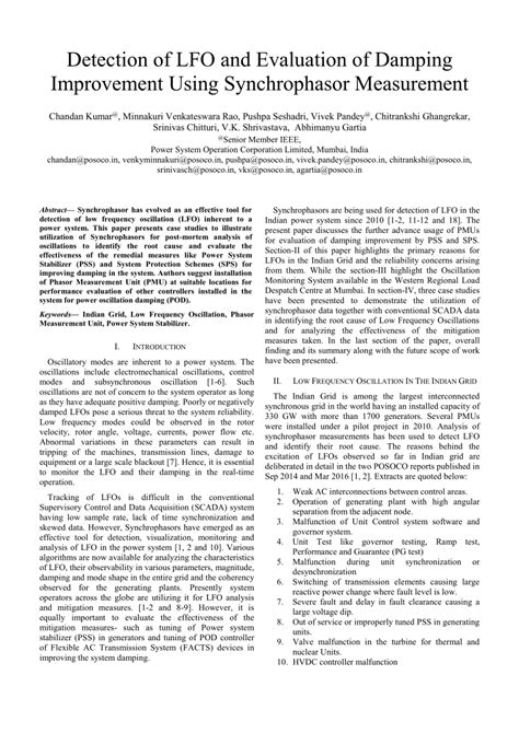 Pdf Detection Of Lfo And Evaluation Of Damping Improvement Using Synchrophasor Measurement
