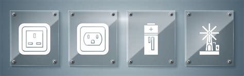 미국의 풍력 터빈 배터리 전기 콘센트 및 전기 콘센트를 설정합니다 정사각형 유리 패널 벡터 0명에 대한 스톡 벡터 아트 및 기타