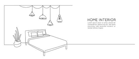 화분이있는 꽃 식물과 교수형 로프트 램프가있는 더블 침대와 테이블의 연속 한 줄 그리기 간단한 선형 스타일의 수면 침실을위한 스칸디나비아 가정 가구 벡터 일러스트 레이 션