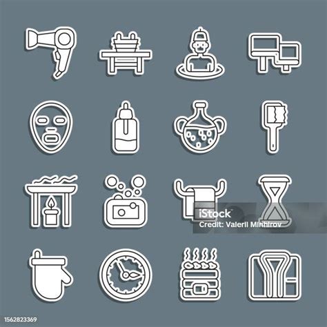 세트 라인 목욕 가운 사우나 모래 시계 브러쉬 사우나의 남자 에센셜 오일 병 페이셜 화장품 마스크 헤어 드라이어 및 아이콘 벡터