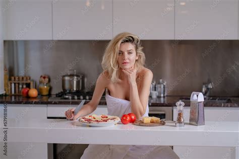 Sexy Woman With Ingredients For Pizza Cheese Sausage And Tomato Sexy