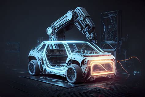 Robotic Welder In Automotive Industry White Robot Welding Car Body In Car Factory Stock