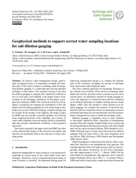 Pdf Geophysical Methods To Support Correct Water Sampling Locations For Salt Dilution Gauging