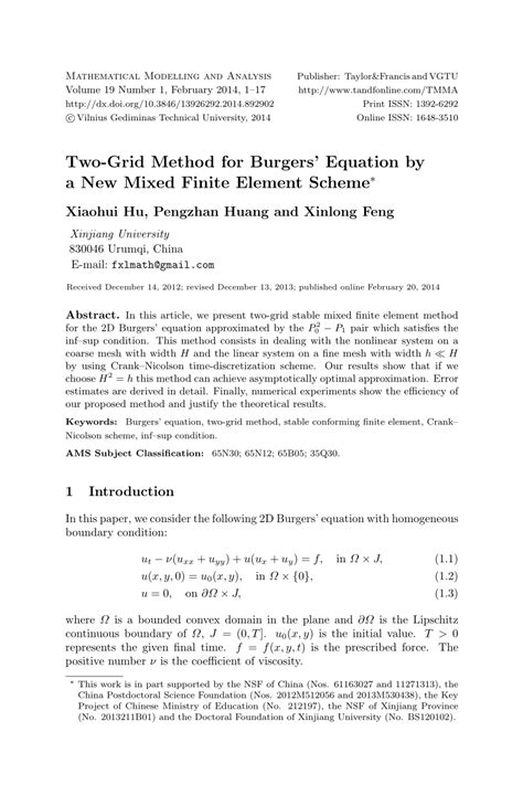 Pdf Two Grid Method For Burgers Equation By A New Mixed Finite Element Scheme